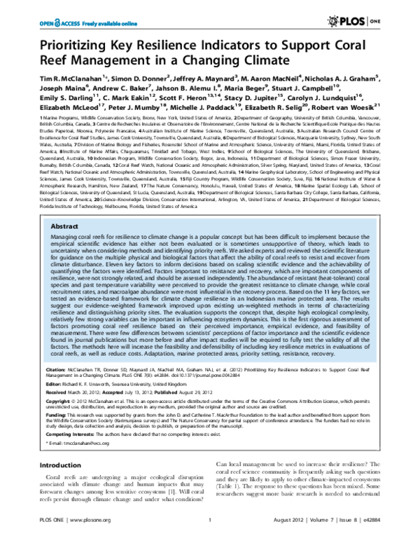 (PDF) Prioritizing Key Resilience Indicators to Support Coral Reef ...