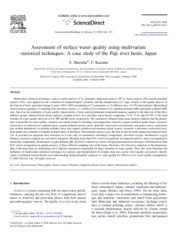 Pdf Assessment Of Surface Water Quality Using Multivariate Statistical Techniques A Case