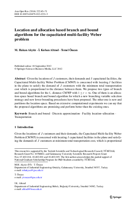 Pdf Location And Allocation Based Branch And Bound Algorithms For The Capacitated Multi