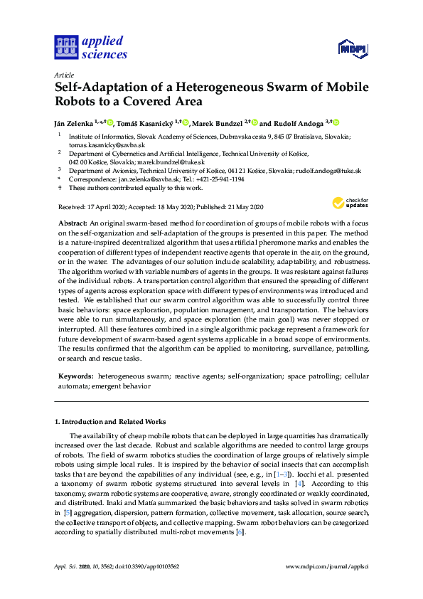 (PDF) Self-Adaptation of a Heterogeneous Swarm of Mobile Robots to a Covered Area