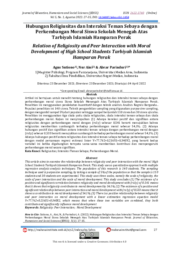 (PDF) Hubungan Religiusitas dan Interaksi Teman Sebaya dengan Perkembangan Moral Siswa Sekolah ...
