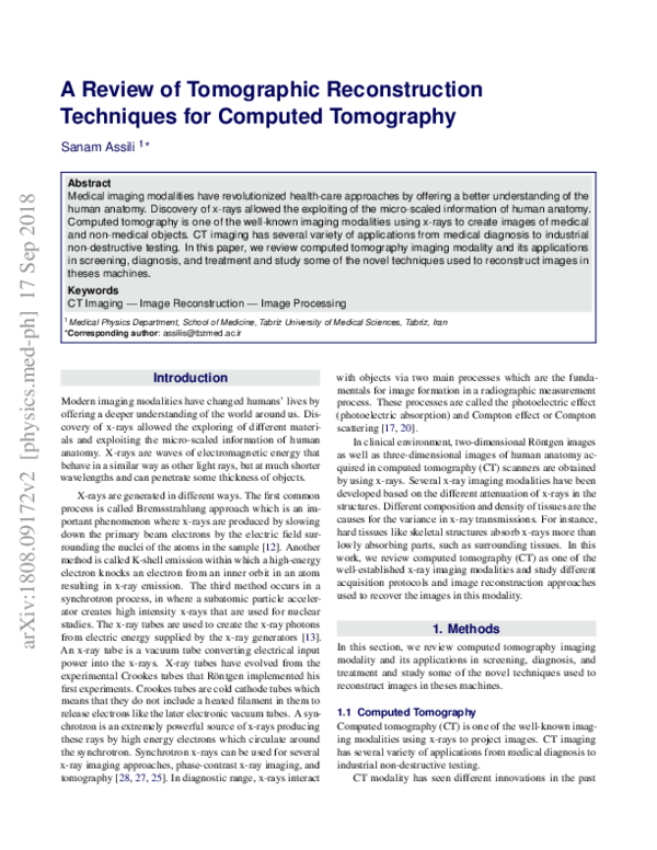 (PDF) A Review of Tomographic Reconstruction Techniques for Computed Tomography