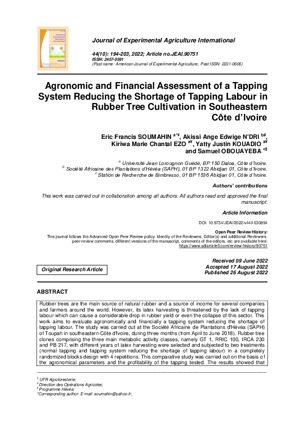 (PDF) Agronomic and Financial Assessment of a Tapping System Reducing ...