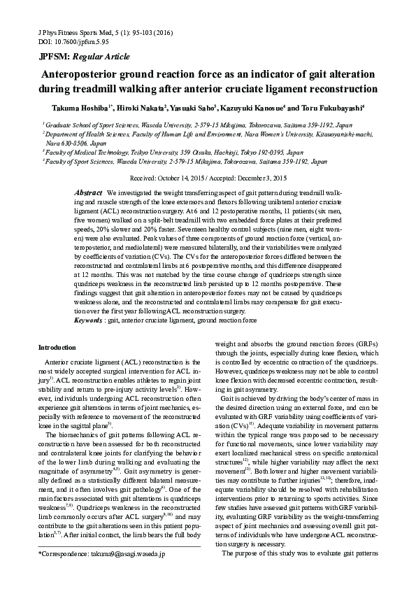 (PDF) Anteroposterior ground reaction force as an indicator of gait alteration during treadmill ...