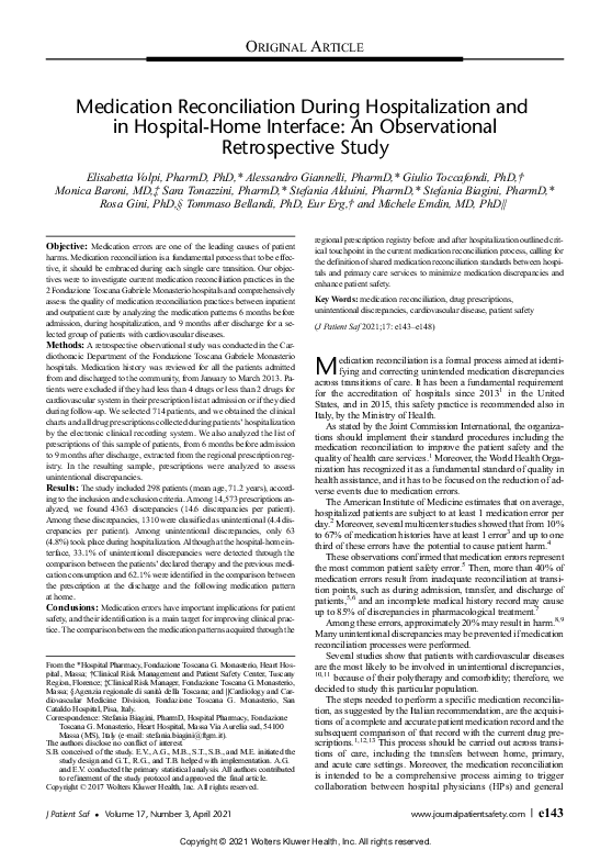 (PDF) Medication Reconciliation During Hospitalization and in Hospital-Home Interface: An ...