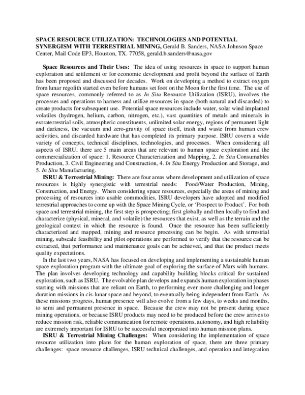 (PDF) Space Resource Utilization: Technologies and Potential Synergism ...