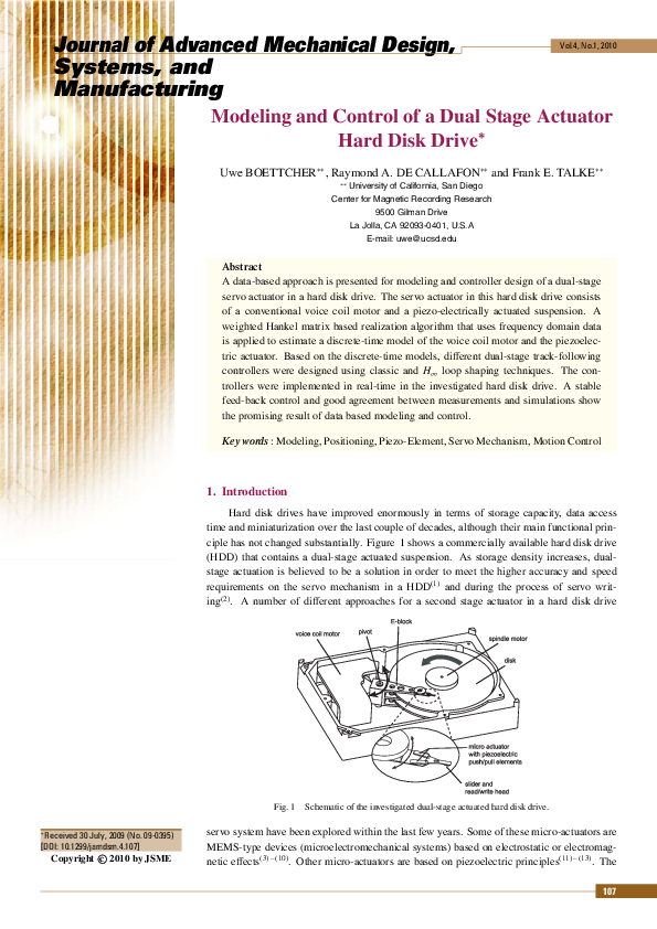 (PDF) Modeling and Control of a Dual Stage Actuator Hard Disk Drive