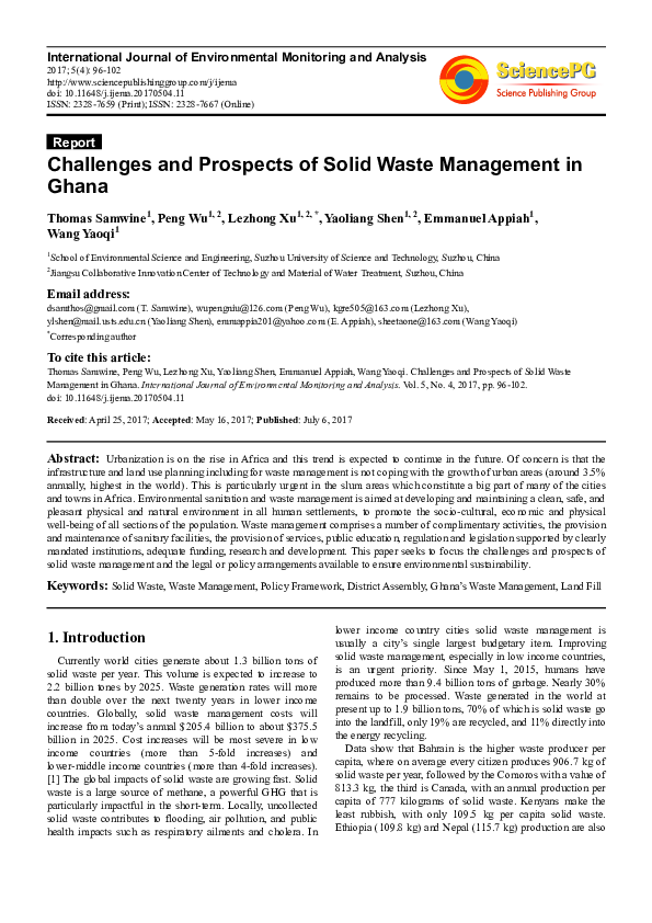 (PDF) Challenges and Prospects of Solid Waste Management in Ghana