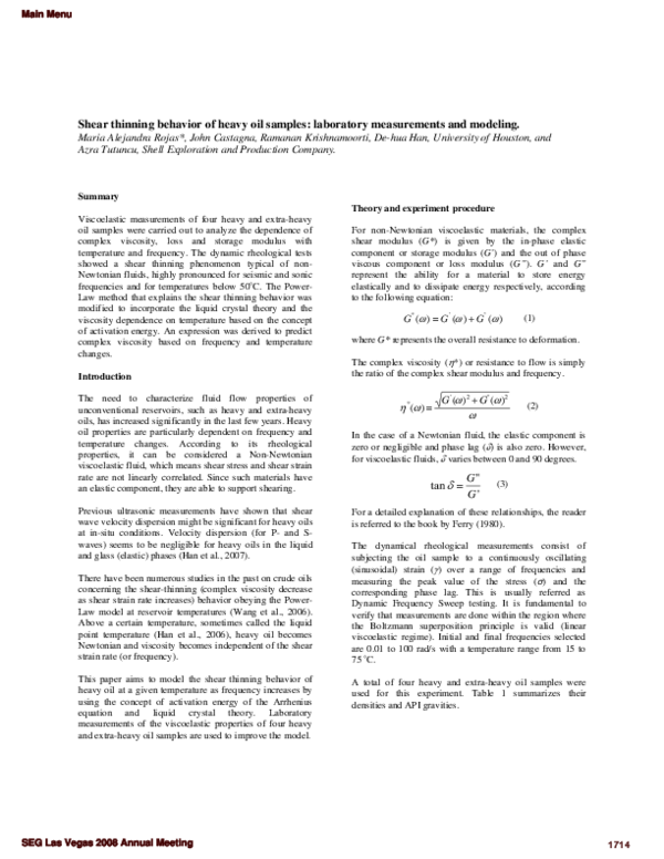 (PDF) Shear thinning behavior of heavy oil samples: Laboratory measurements and modeling