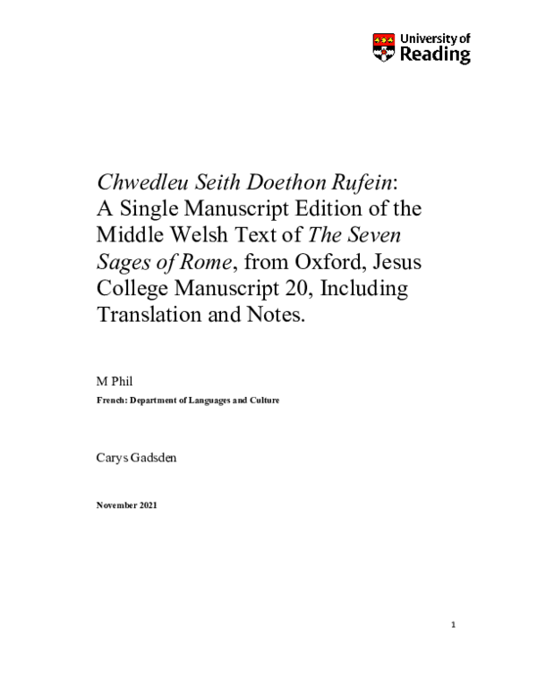 (PDF) Chwedleu Seith Doethon Rufein: A Single Manuscript Edition of the ...