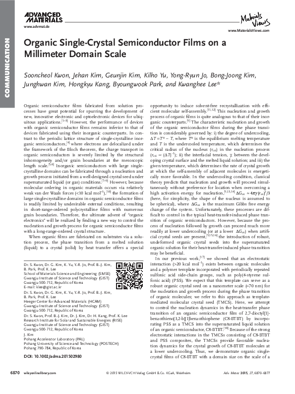 (PDF) Organic Single-Crystal Semiconductor Films on a Millimeter Domain ...