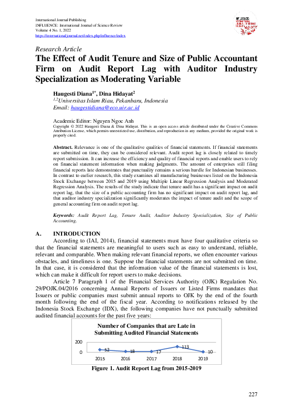 (PDF) The Effect of Audit Tenure and Size of Public Accountant Firm on Audit Report Lag with ...