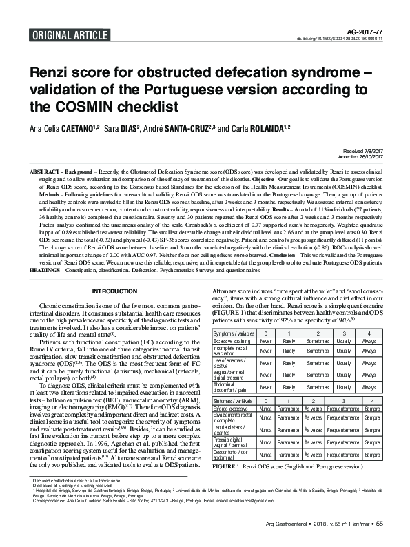(PDF) Renzi Score for Obstructed Defecation Syndrome - Validation of ...