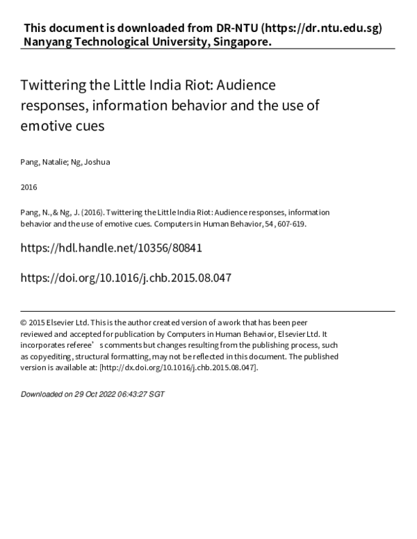 (PDF) Twittering the Little India Riot: Audience responses, information ...