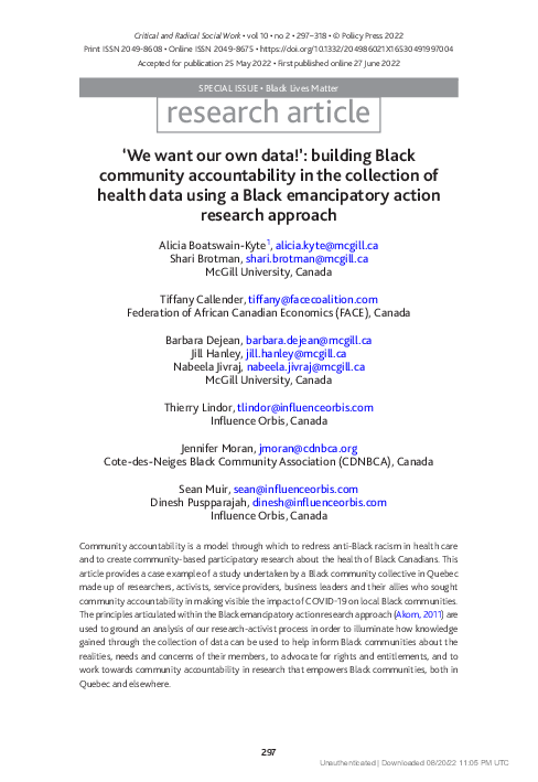 (PDF) ‘We want our own data!’: building Black community accountability in the collection of ...
