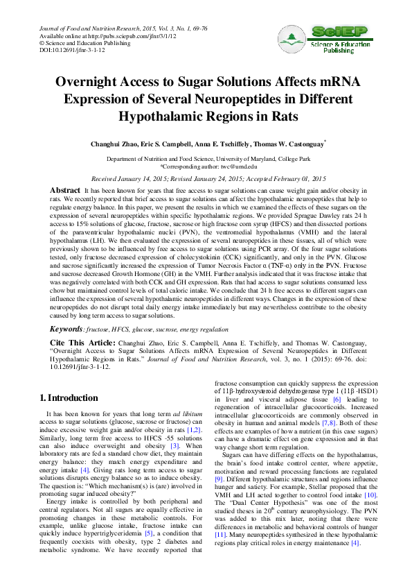 (PDF) Overnight Access to Sugar Solutions Affects mRNA Expression of ...