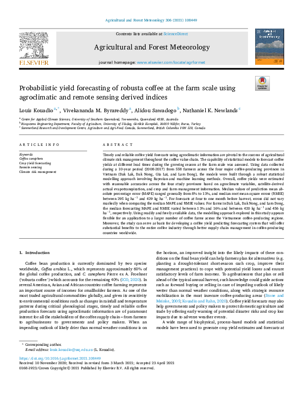 (PDF) Probabilistic yield forecasting of robusta coffee at the farm scale using agroclimatic and ...