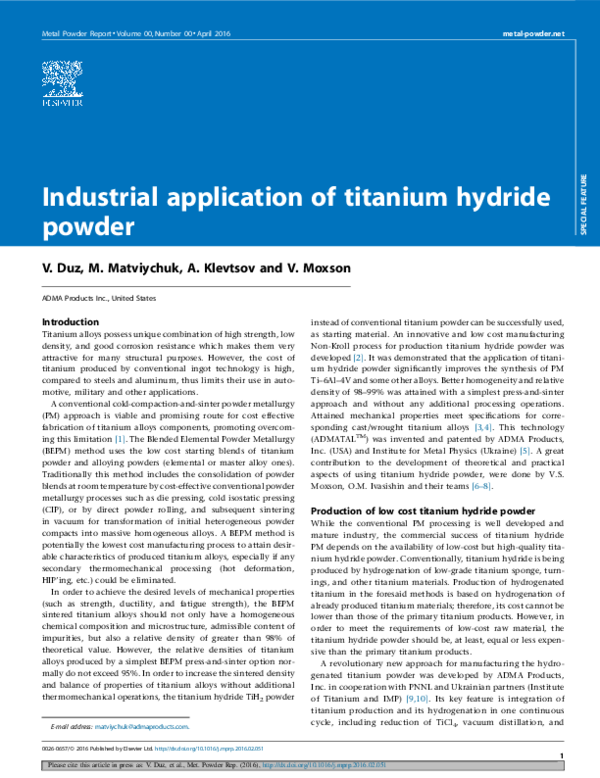 (PDF) Industrial application of titanium hydride powder