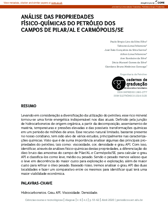 (PDF) Análise Das Propriedades Físico-Químicas Do Petróleo Dos Campos De Pilar/Al e Carmópolis/Se