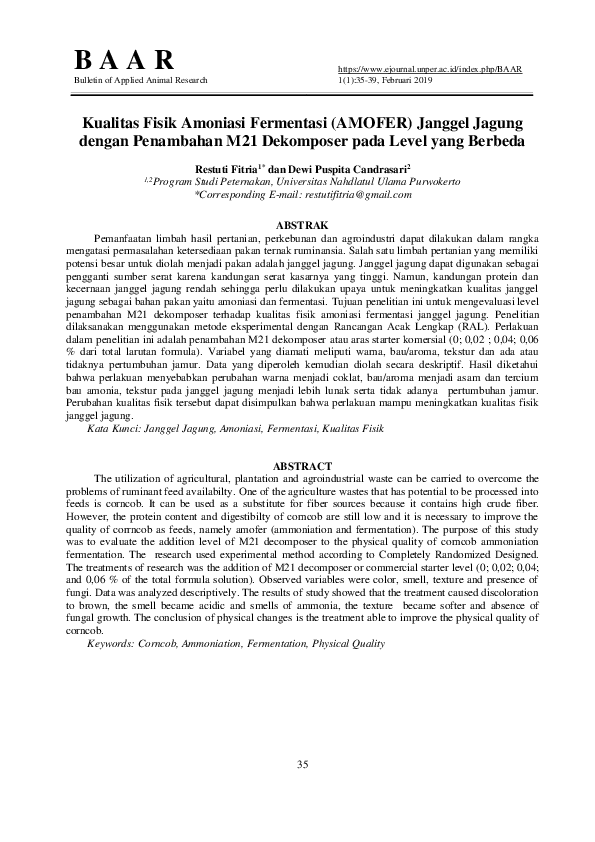 (PDF) Kualitas Fisik Amoniasi Fermentasi (AMOFER) Janggel Jagung dengan ...