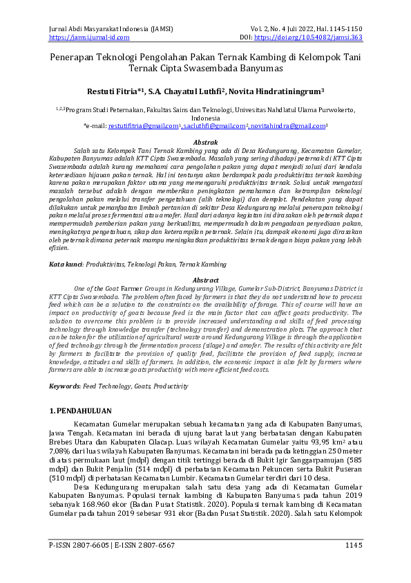 (PDF) Penerapan Teknologi Pengolahan Pakan Ternak Kambing di Kelompok Tani Ternak Cipta ...