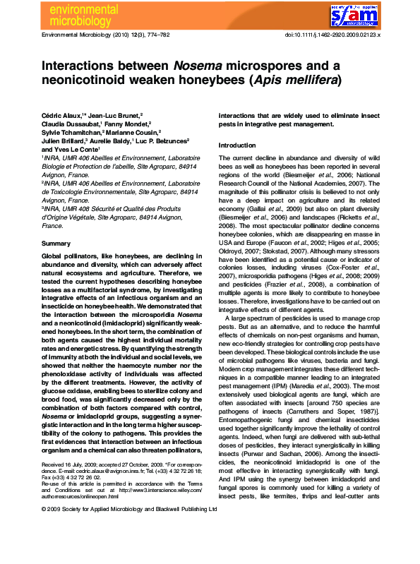 (PDF) Interactions betweenNosemamicrospores and a neonicotinoid weaken ...