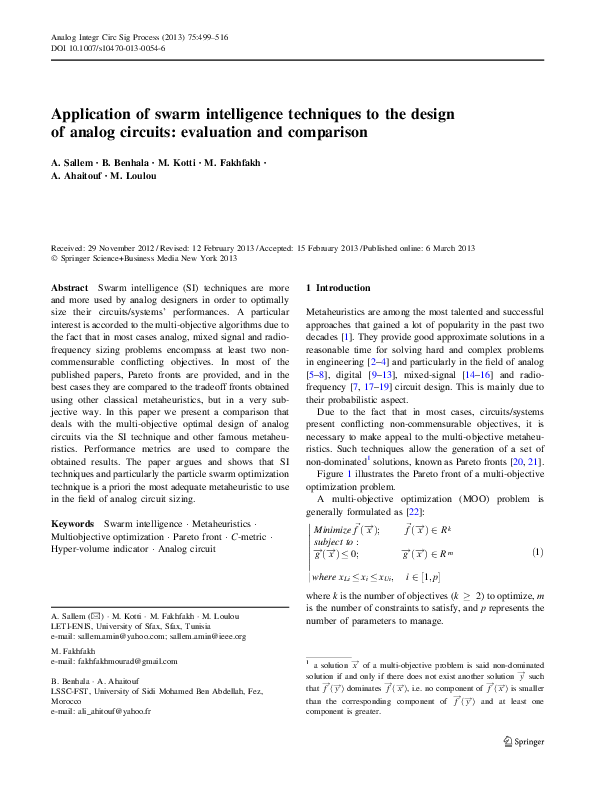 Pdf Application Of Swarm Intelligence Techniques To The Design Of Analog Circuits Evaluation