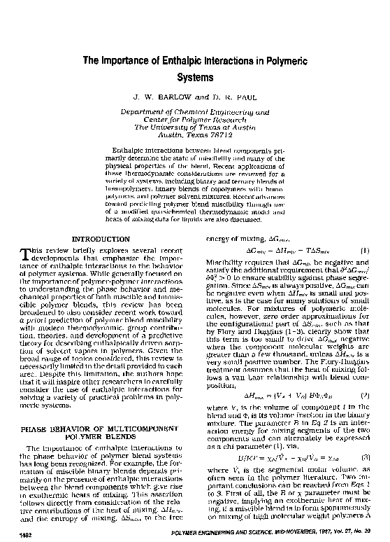 (PDF) The importance of enthalpic interactions in polymeric systems