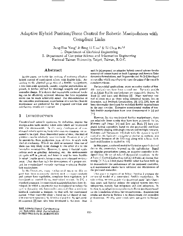 Pdf Adaptive Hybrid Position Force Control For Robotic Manipulators With Compliant Links