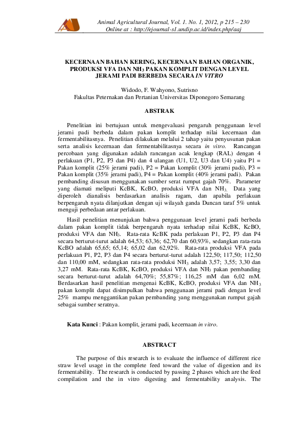 (PDF) Kecernaan Bahan Kering, Kecernaan Bahan Organik, Produksi Vfa Dan NH3 Pakan Komplit Dengan ...