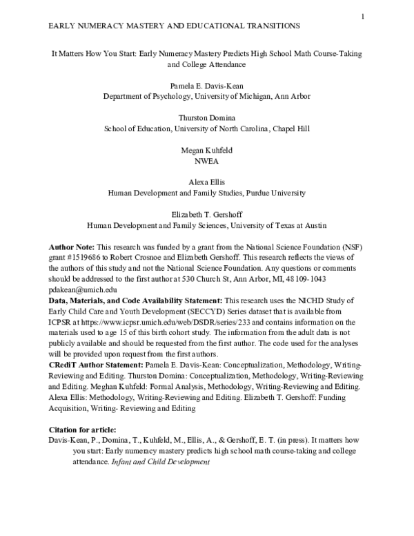 (PDF) It Matters How You Start: Early Numeracy Mastery Predicts High ...