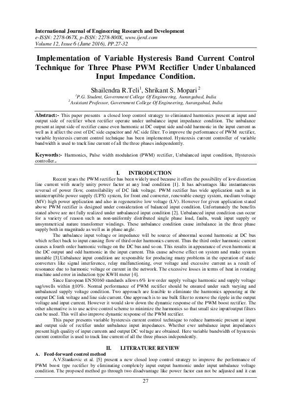 Pdf Implementation Of Variable Hysteresis Band Current Control Technique For Three Phase Pwm