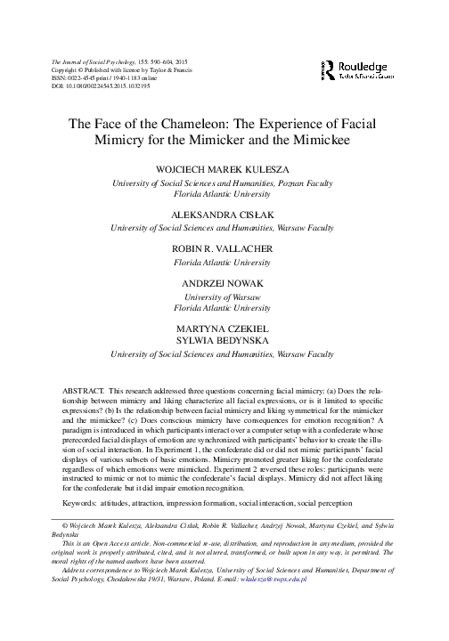 (PDF) The Face of the Chameleon: The Experience of Facial Mimicry for ...