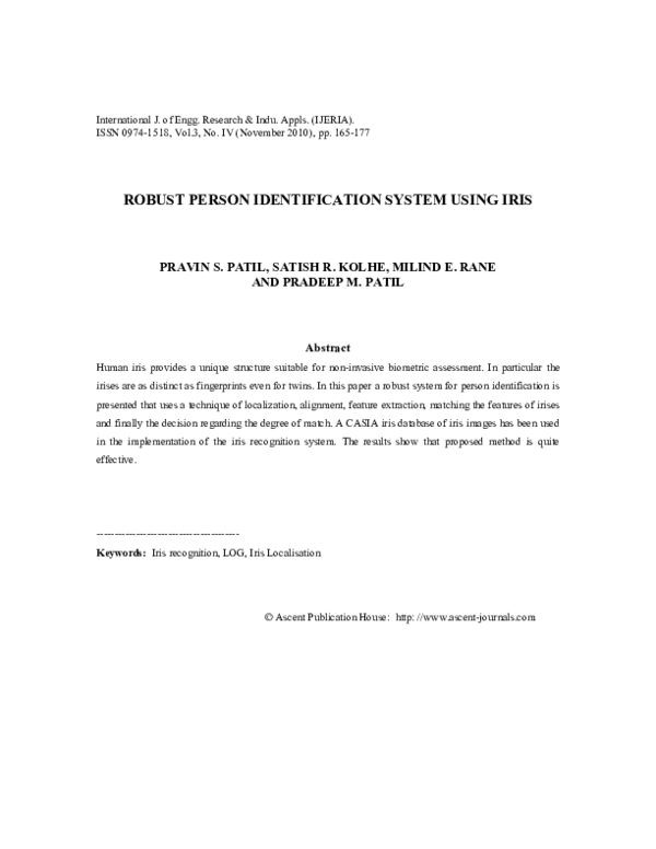 (PDF) Robust person identification system using iris