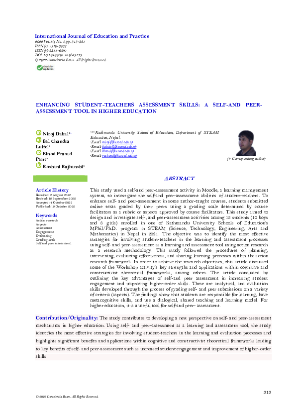 (PDF) Enhancing Student-Teachers Assessment Skills: A Self-and Peer ...