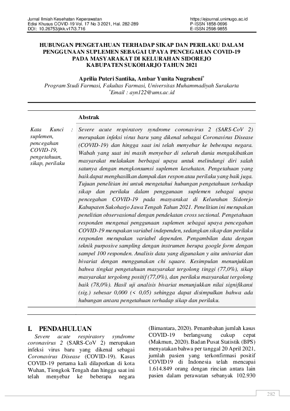(PDF) Hubungan Pengetahuan Terhadap Sikap Dan Perilaku Dalam Penggunaan Suplemen Sebagai Upaya ...