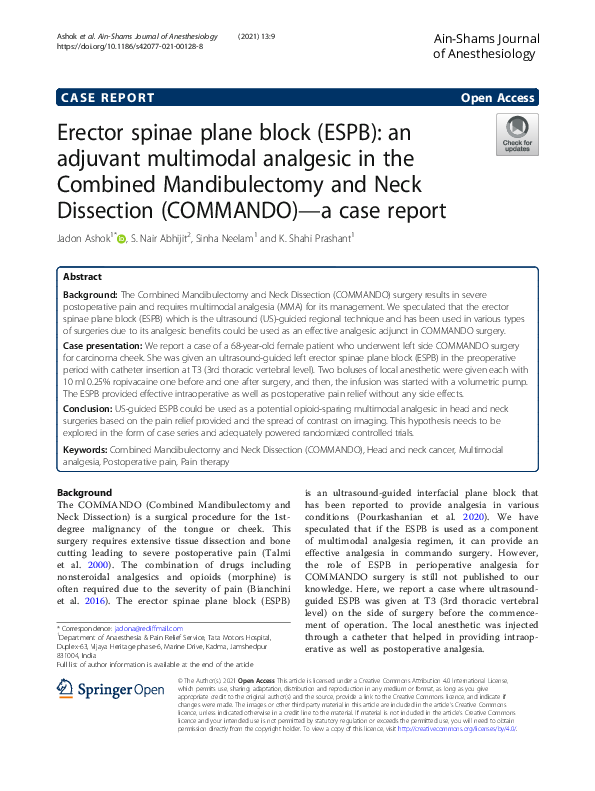 (PDF) Erector spinae plane block (ESPB): an adjuvant multimodal ...