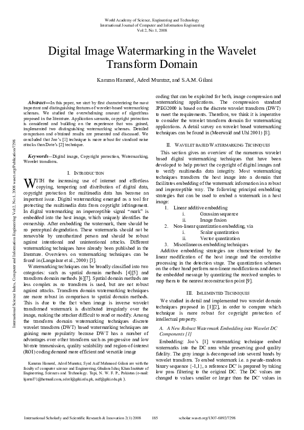 (PDF) Digital Image Watermarking In The Wavelet Transform Domain