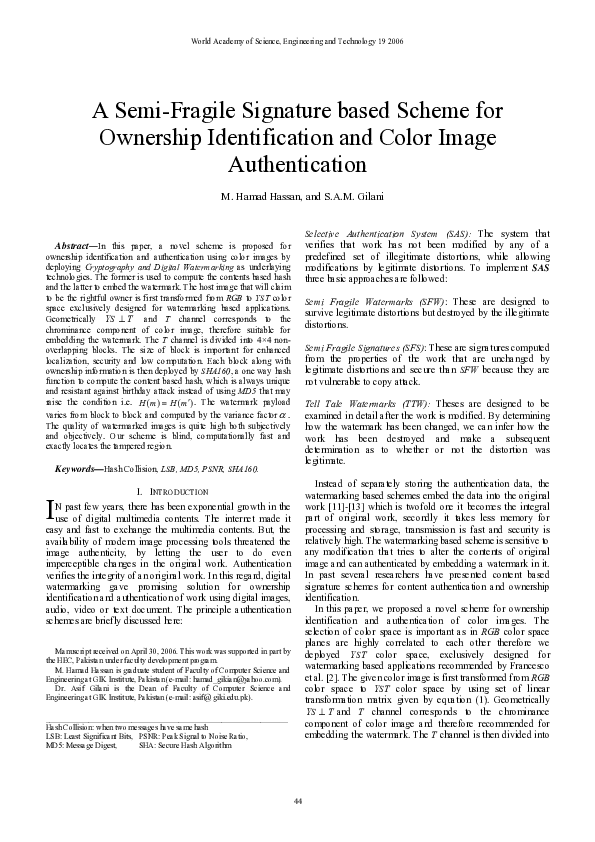 (PDF) A Semi-Fragile Signature Based Scheme For Ownership Identification And Color Image ...