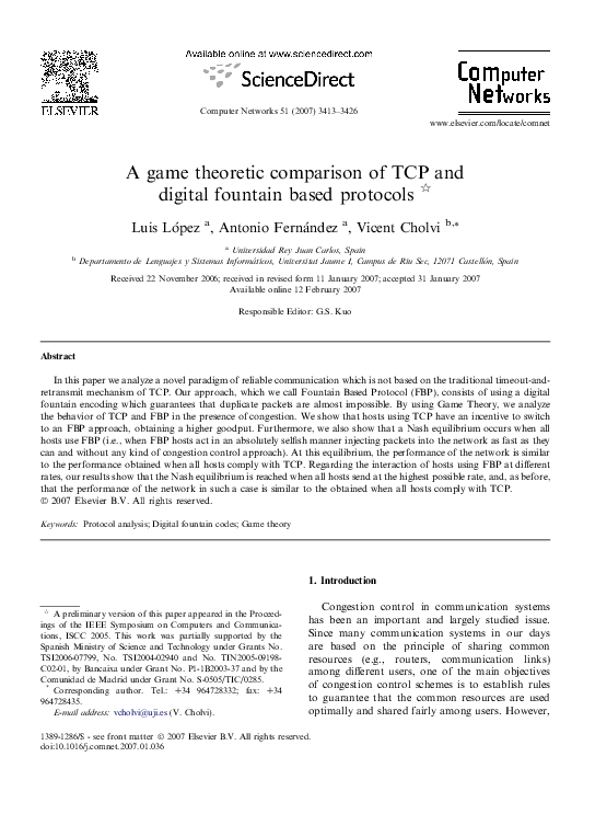 (PDF) A game theoretic comparison of TCP and digital fountain based protocols | Luis Eduardo ...