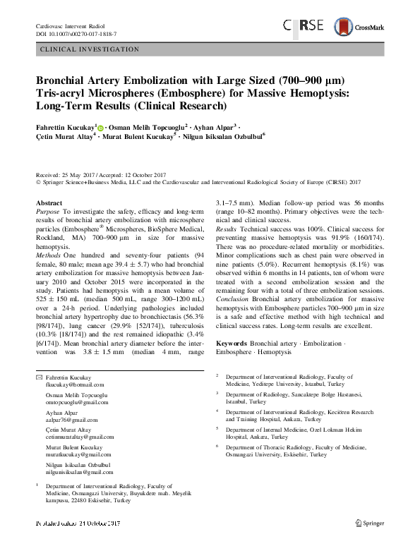 (PDF) Bronchial Artery Embolization with Large Sized (700–900 µm) Tris ...