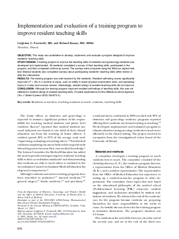 (PDF) Implementation and evaluation of a training program to improve resident teaching skills