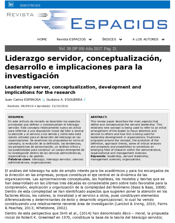 (PDF) Liderazgo servidor, conceptualización, desarrollo e implicaciones para la investigación