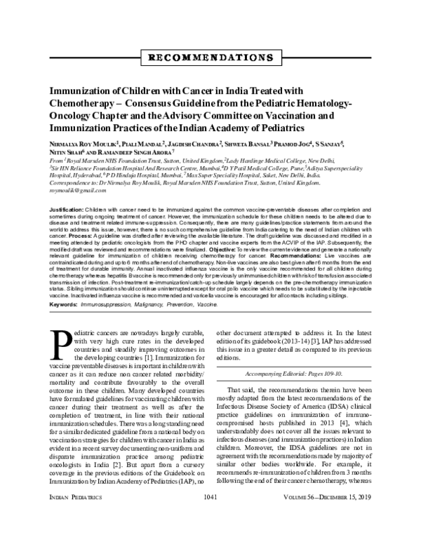 (PDF) Immunization of Children with Cancer in India Treated with ...