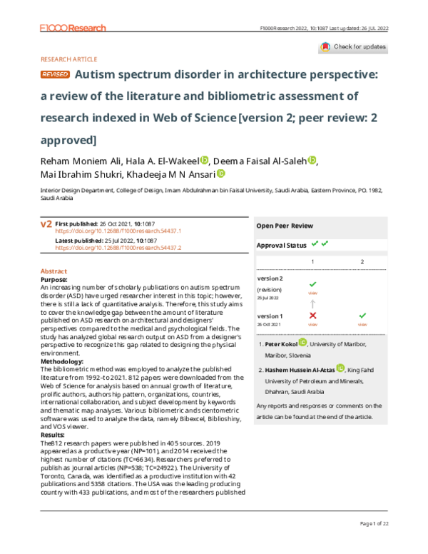 (PDF) Autism spectrum disorder in architecture perspective: a review of ...