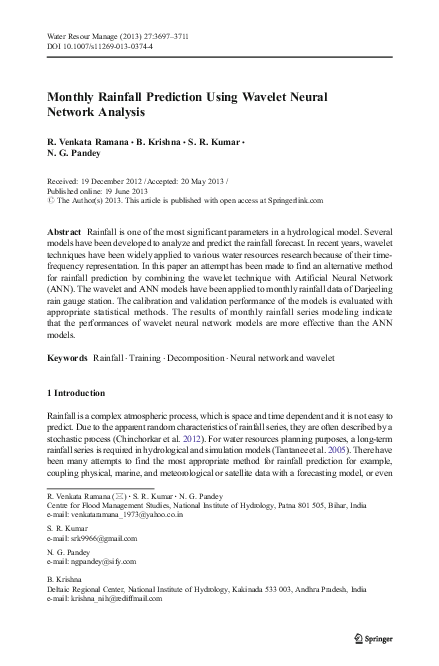 Pdf Monthly Rainfall Prediction Using Wavelet Neural Network Analysis