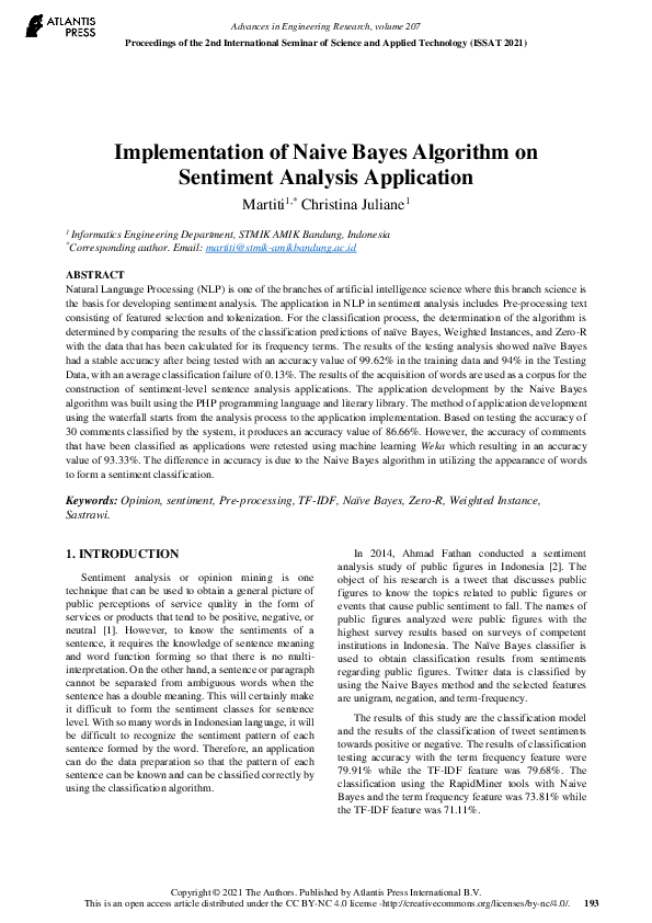(PDF) Implementation of Naive Bayes Algorithm on Sentiment Analysis ...