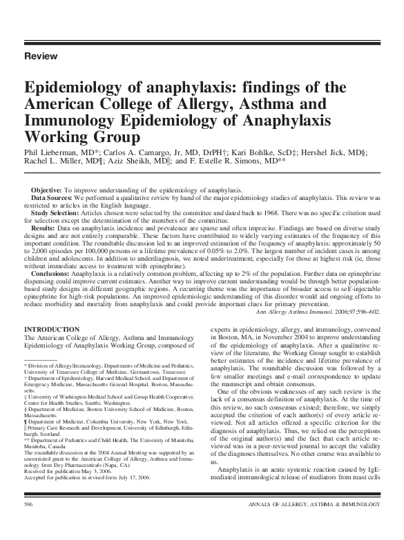 (PDF) Epidemiology of anaphylaxis: findings of the American College of ...
