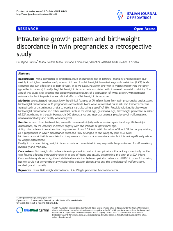 Pdf Intrauterine Growth Pattern And Birthweight Discordance In Twin