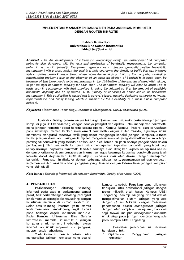 Pdf Implementasi Manajemen Bandwidth Pada Jaringan Komputer Dengan Router Mikrotik